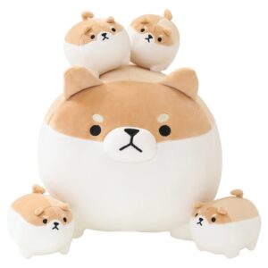 sqeqe stuffed animal shiba inu plush toy with 4 baby shiba inu plushies in her tummy, stuffed cotton plush animal toy gift for kids