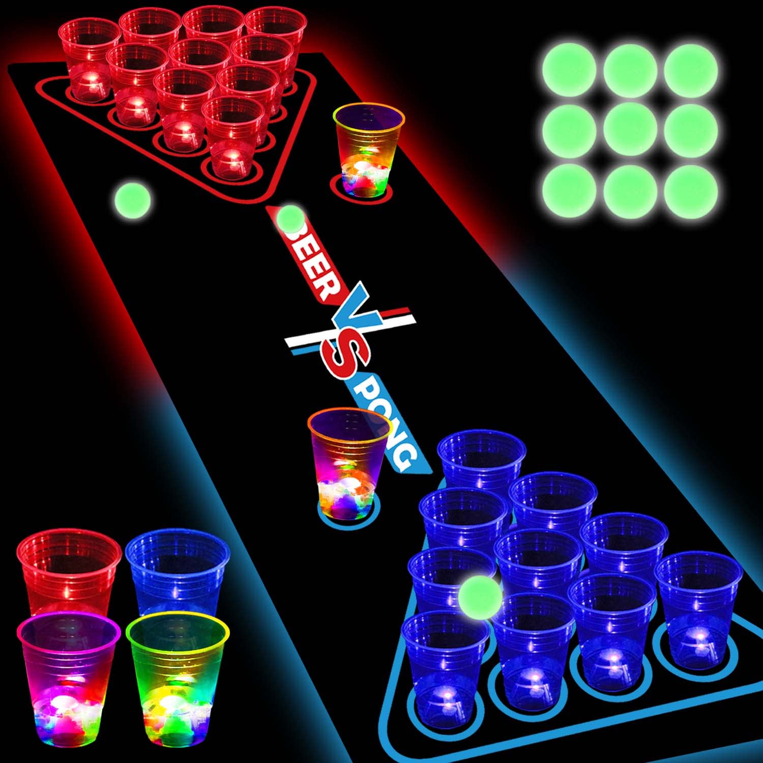 HIOHWEFH Glowing Beer Pong Table Mat for Drinking Game Light Up Plastic Cups and Pongs Beer Pong Set for Party Game Indoor Outdoor Pong Game, Party Supplies Decor 71 * 23inch