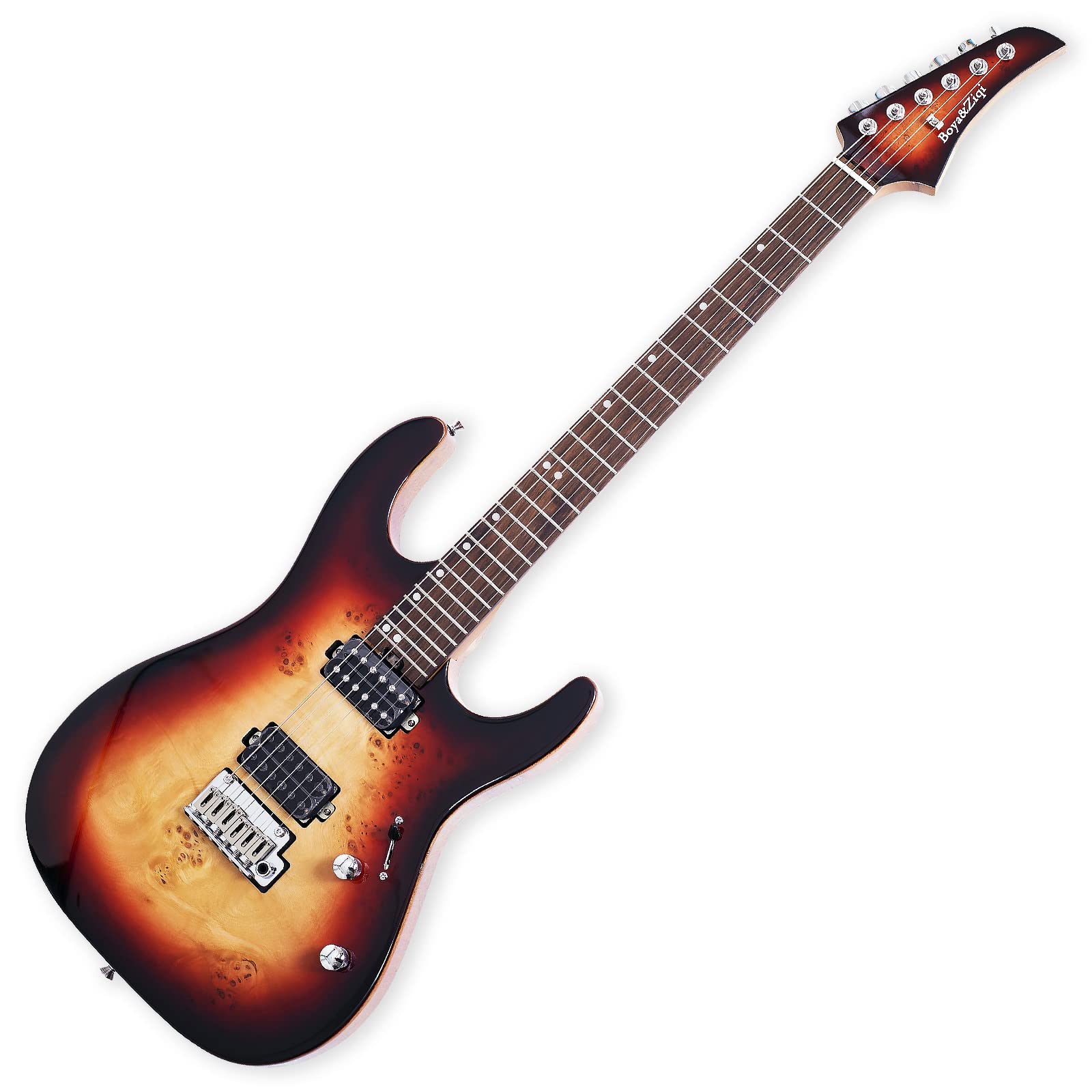 Boya&Ziqi BZK-024 Electric Guitar, Stainless Steel Frets (Hand Polished), Push-Pull Volume Control,5 Piece Roasted Maple/Maple Neck，Mahogany Body Topped with Burl Venner (Hot Magma, Right)