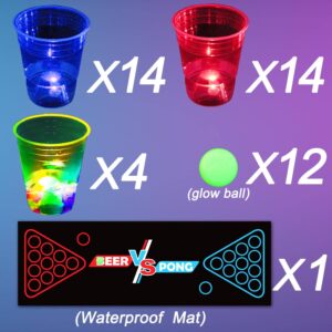 HIOHWEFH Glowing Beer Pong Table Mat for Drinking Game Light Up Plastic Cups and Pongs Beer Pong Set for Party Game Indoor Outdoor Pong Game, Party Supplies Decor 71 * 23inch