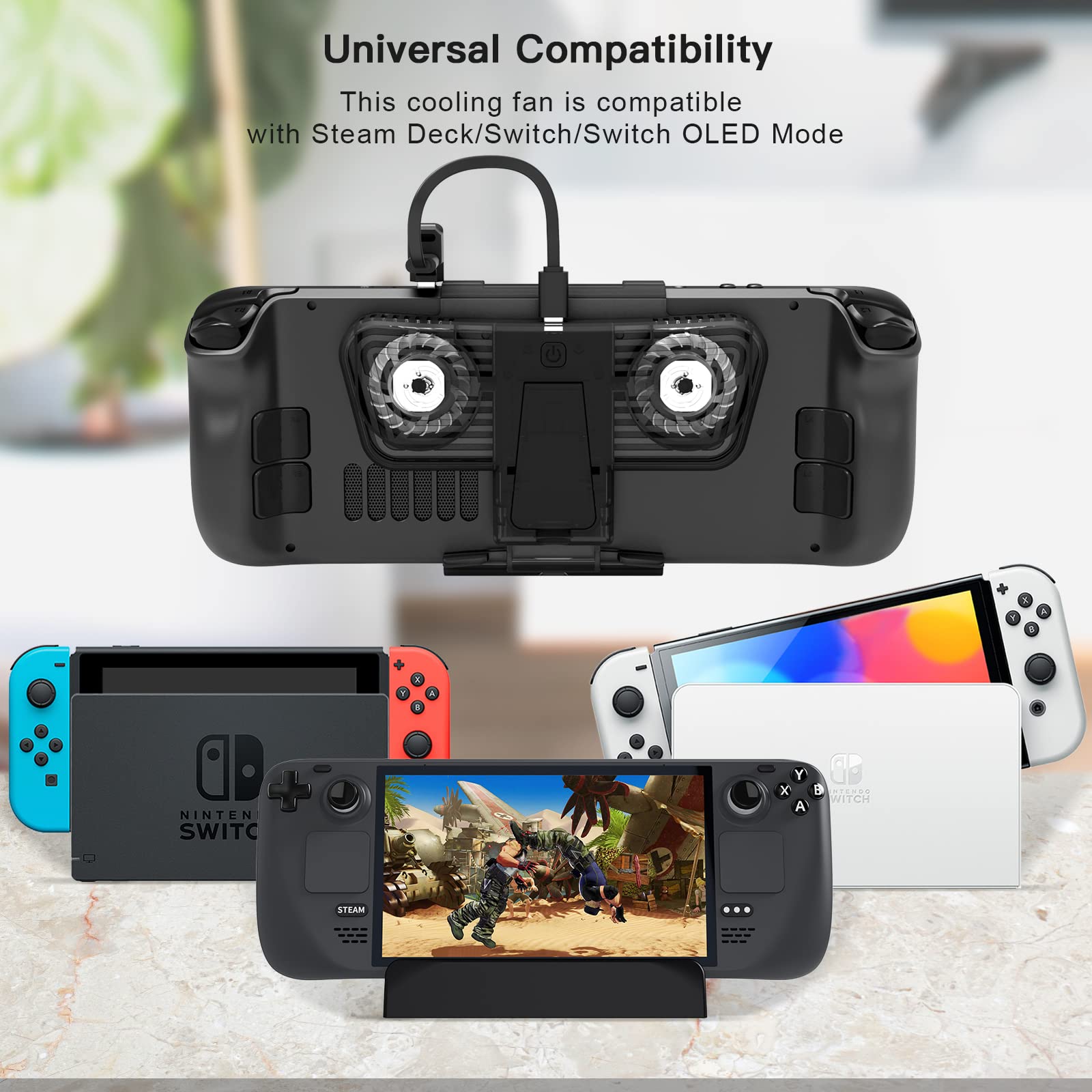 RGB Cooling Fan for Valve Steam Deck & Nintendo Switch OLED, Cooling Fan Dock with Stand & USB-C Adaptor, Steam Deck Cooler USB-C Powered with Adjustable Speed & Blue RGB Lighting