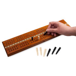 sterling games extra large extra long cribbage 16" wooden game board 2 persons double track board with 1/4" holes and italian inlaid, large wooden pegs great for seniors and children