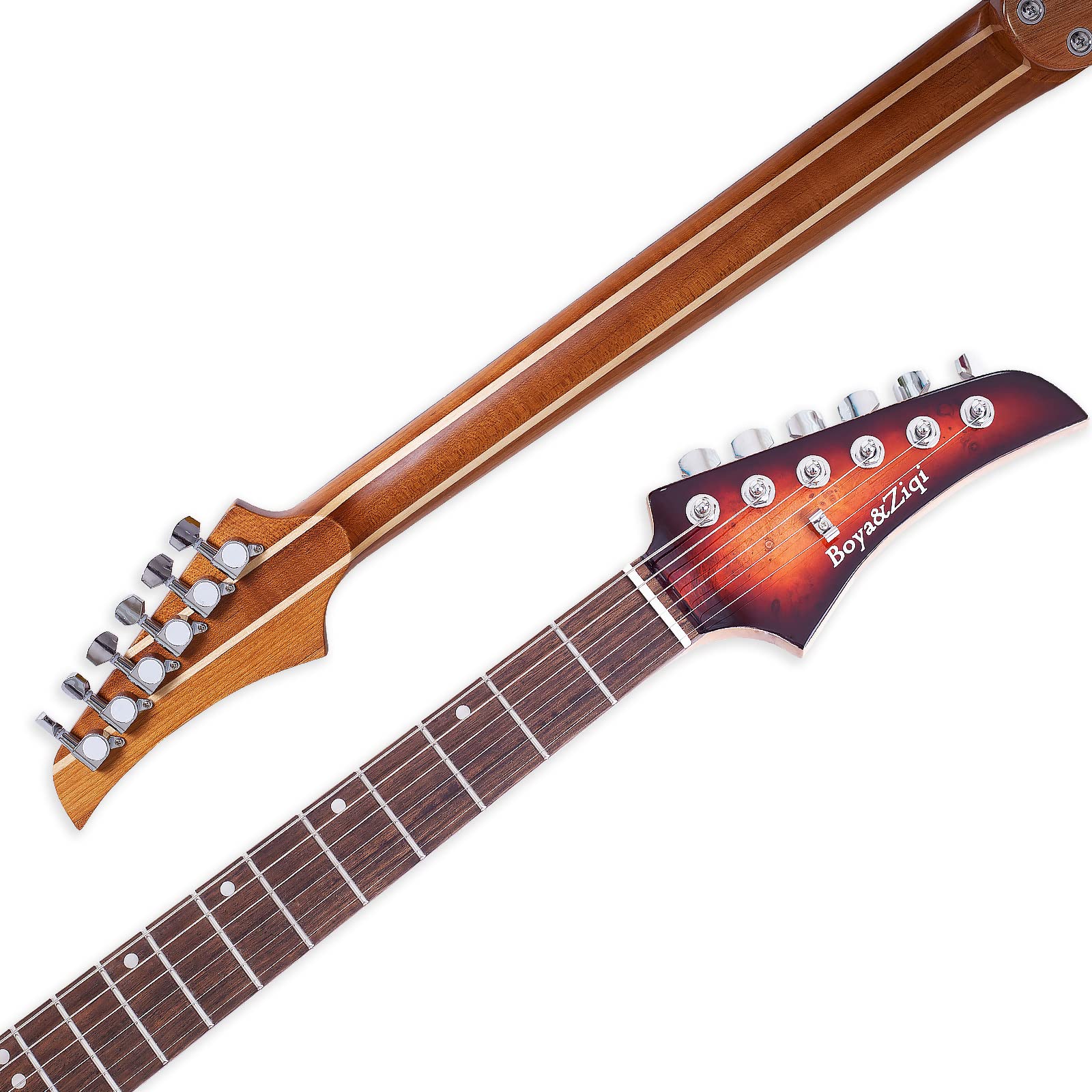 Boya&Ziqi BZK-024 Electric Guitar, Stainless Steel Frets (Hand Polished), Push-Pull Volume Control,5 Piece Roasted Maple/Maple Neck，Mahogany Body Topped with Burl Venner (Hot Magma, Right)