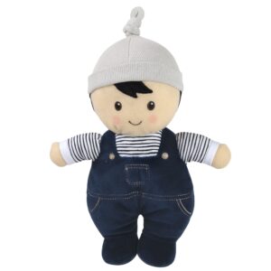 my first doll, first soft plush baby doll with rattle | 12 inch sleeping cuddle plush fabric rag doll for baby, toddler girls and boys (liam (hat))