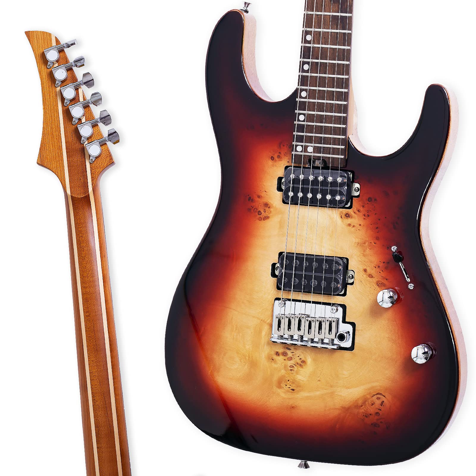 Boya&Ziqi BZK-024 Electric Guitar, Stainless Steel Frets (Hand Polished), Push-Pull Volume Control,5 Piece Roasted Maple/Maple Neck，Mahogany Body Topped with Burl Venner (Hot Magma, Right)