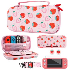 gldram strawberry case for nintendo switch lite, pink cute travel carrying case for switch lite accessories bundle with soft protective cover, screen protector, thumb caps & shoulder strap for girls