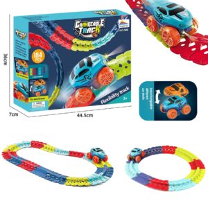 (184pcs) Car Track Set Race Track Toys for Boys Kids with LED Light-Up Race Car, Slot Race Car,Flexible Changeable Magic Race Car Track Toys for 3 4 5 6 7 8+Year Old Boys Girls as Best Birthday Gifts