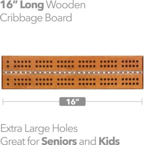 Sterling Games Extra Large Extra Long Cribbage 16" Wooden Game Board 2 Persons Double Track Board with 1/4" Holes and Italian Inlaid, Large Wooden Pegs Great for Seniors and Children