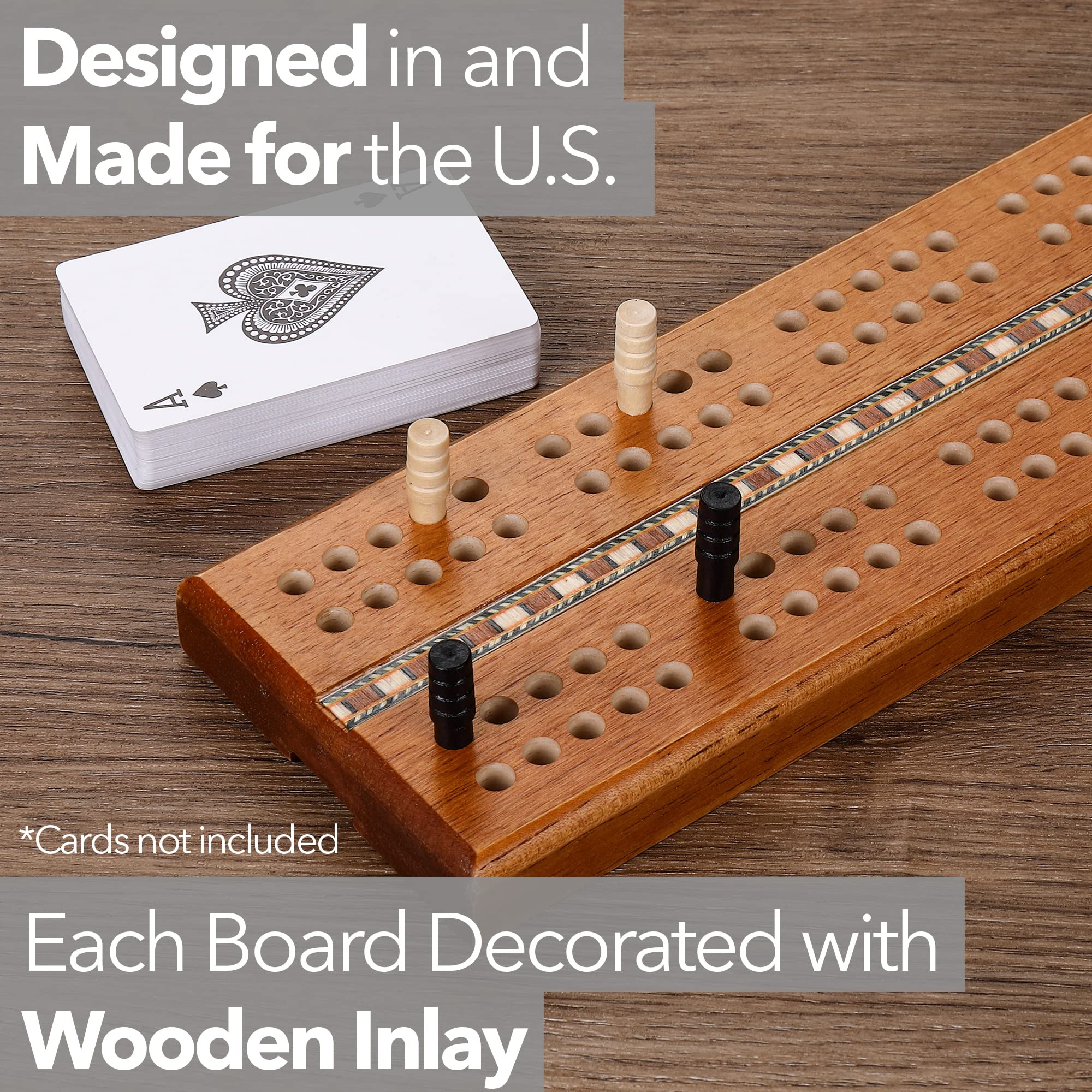 Sterling Games Extra Large Extra Long Cribbage 16" Wooden Game Board 2 Persons Double Track Board with 1/4" Holes and Italian Inlaid, Large Wooden Pegs Great for Seniors and Children