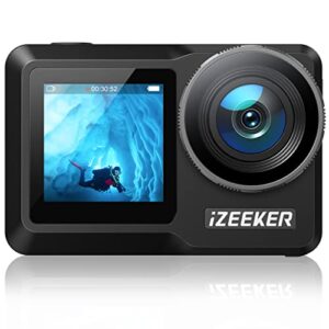 izeeker action camera 4k 24mp with touchscreen, 40m underwater camera waterproof, dual screen vlog camera with eis3.0, wifi, remote control with 2x 1350mah batteries,charger and accessory kit-ia800