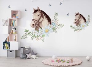 muravie horse and daisies wall decal - peel and stick animal wall sticker - nursery wall decal peel and stick - kids wall decal (horse and daisies)