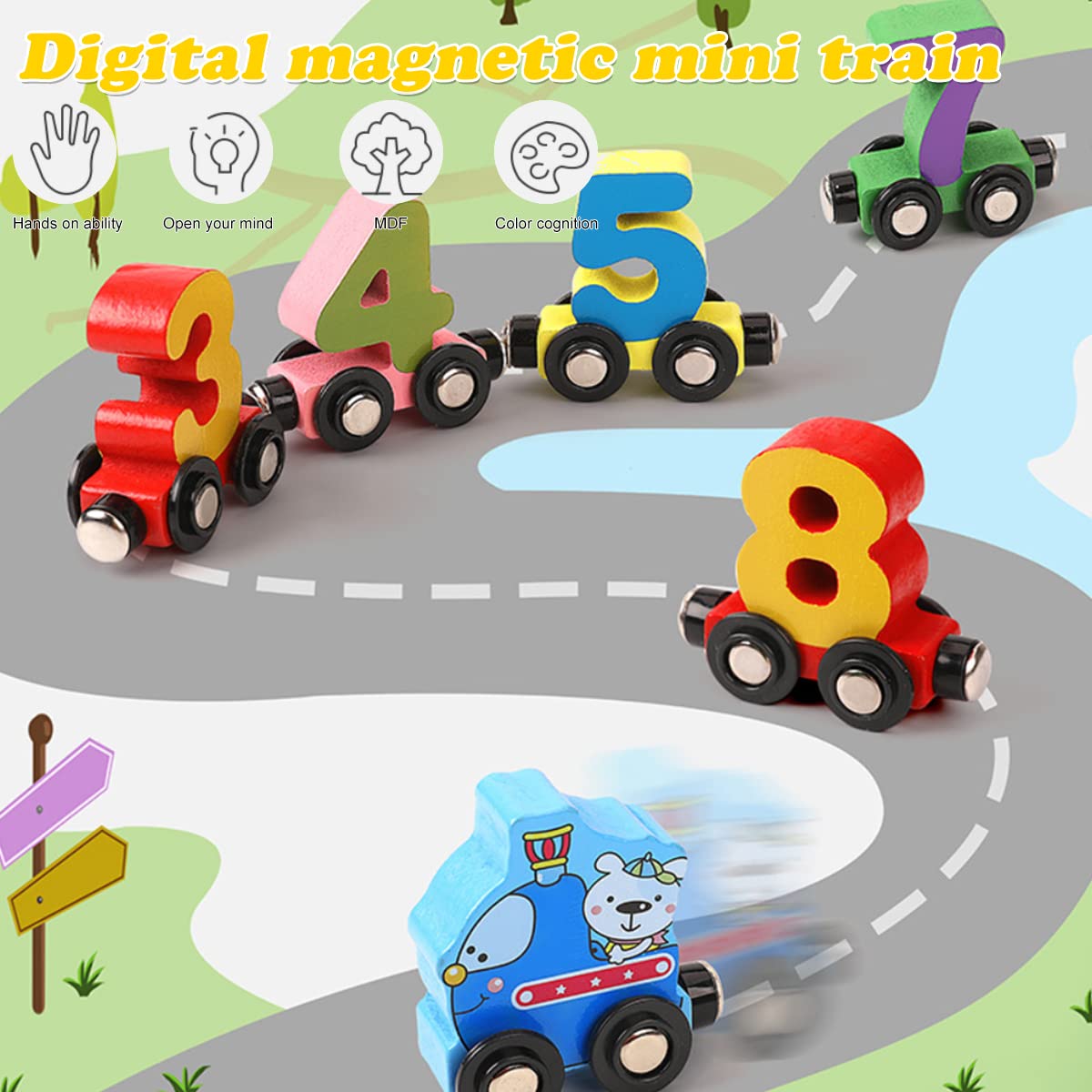 HOTBEST 12 Pcs Wooden Digital Train Toy Magnetic Number Train Building Block Toy Preschool Learning Wood Train Toys Color Cognition Fine Motor SKills Development for Boys Girls Over 3 Years Old