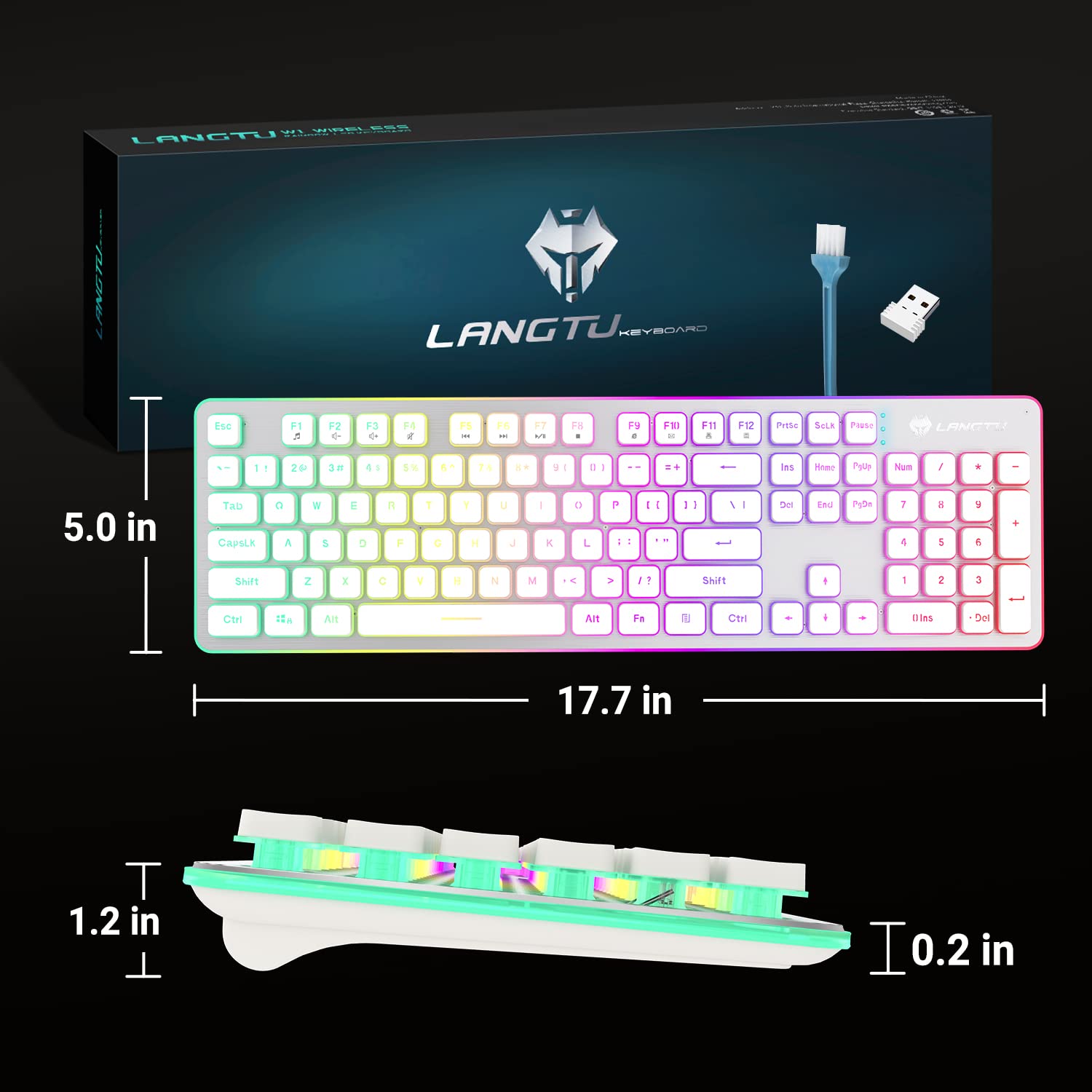 LANGTU W1 Wireless Gaming Keyboard, Rechargeable 2.4G Rainbow Backlit LED Keyboard with Metal Panel, 104 Keys Wireless Computer Keyboard for Windows, Laptop, Desktop, Office