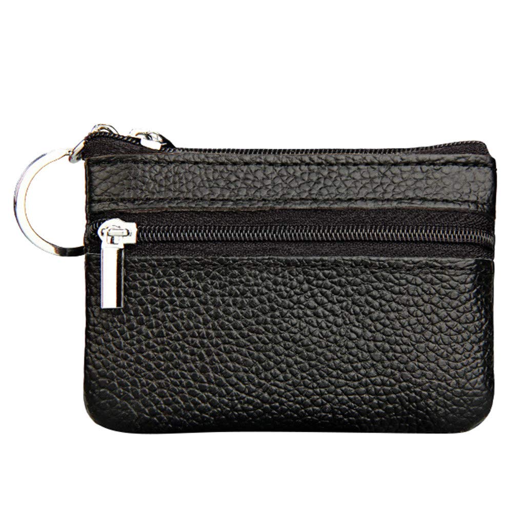 Slim Metal Wallet Mini Small Pouch Key Women's Purse Zipper Ring Leather Wallet with Metallic Wallet (Black, One Size)