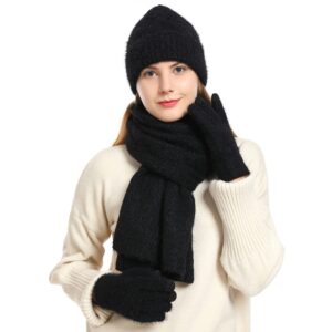 ecodudo Women Winter Beanie Hat Scarf Set Touch Screen Gloves Set with Pom for Women (Black)