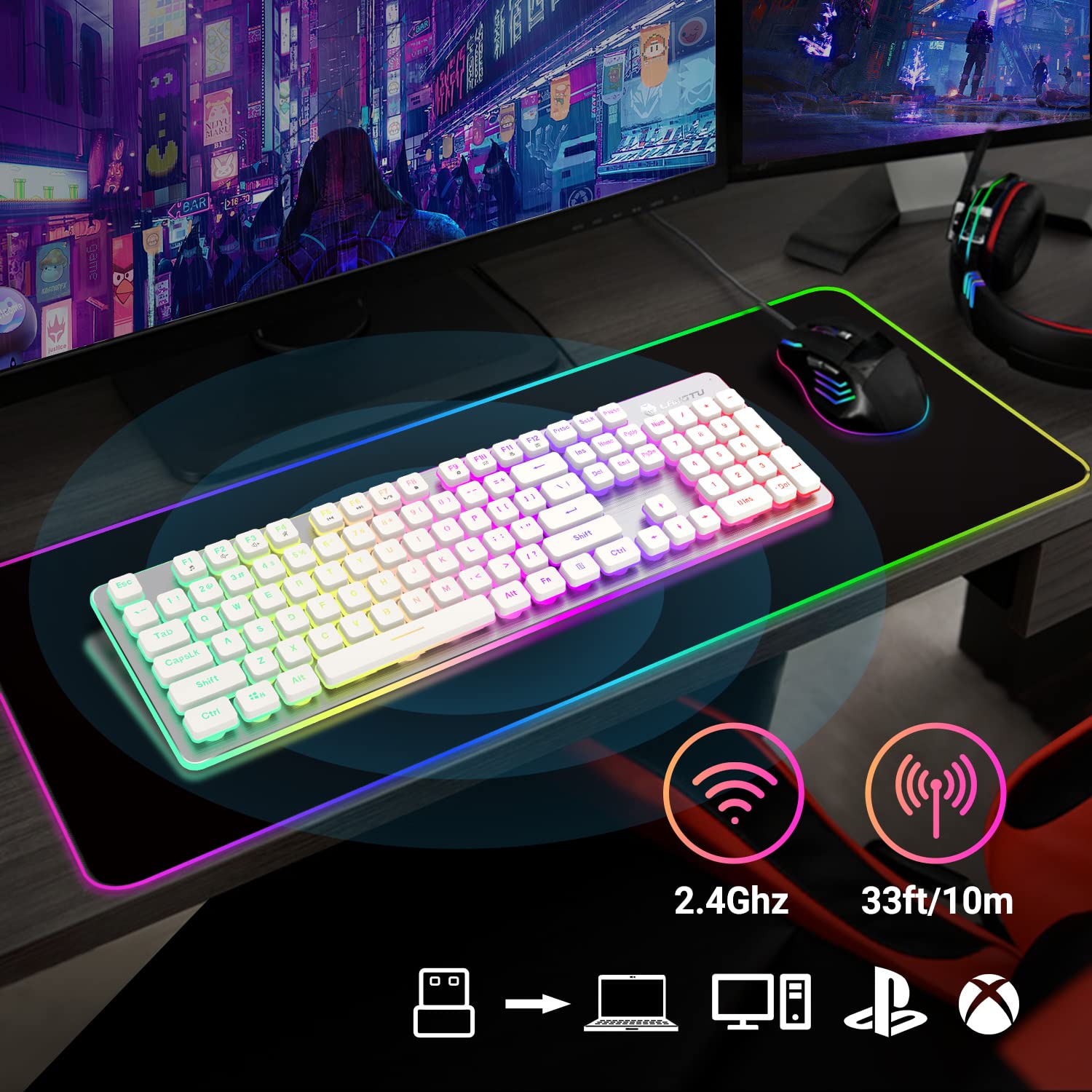 LANGTU W1 Wireless Gaming Keyboard, Rechargeable 2.4G Rainbow Backlit LED Keyboard with Metal Panel, 104 Keys Wireless Computer Keyboard for Windows, Laptop, Desktop, Office