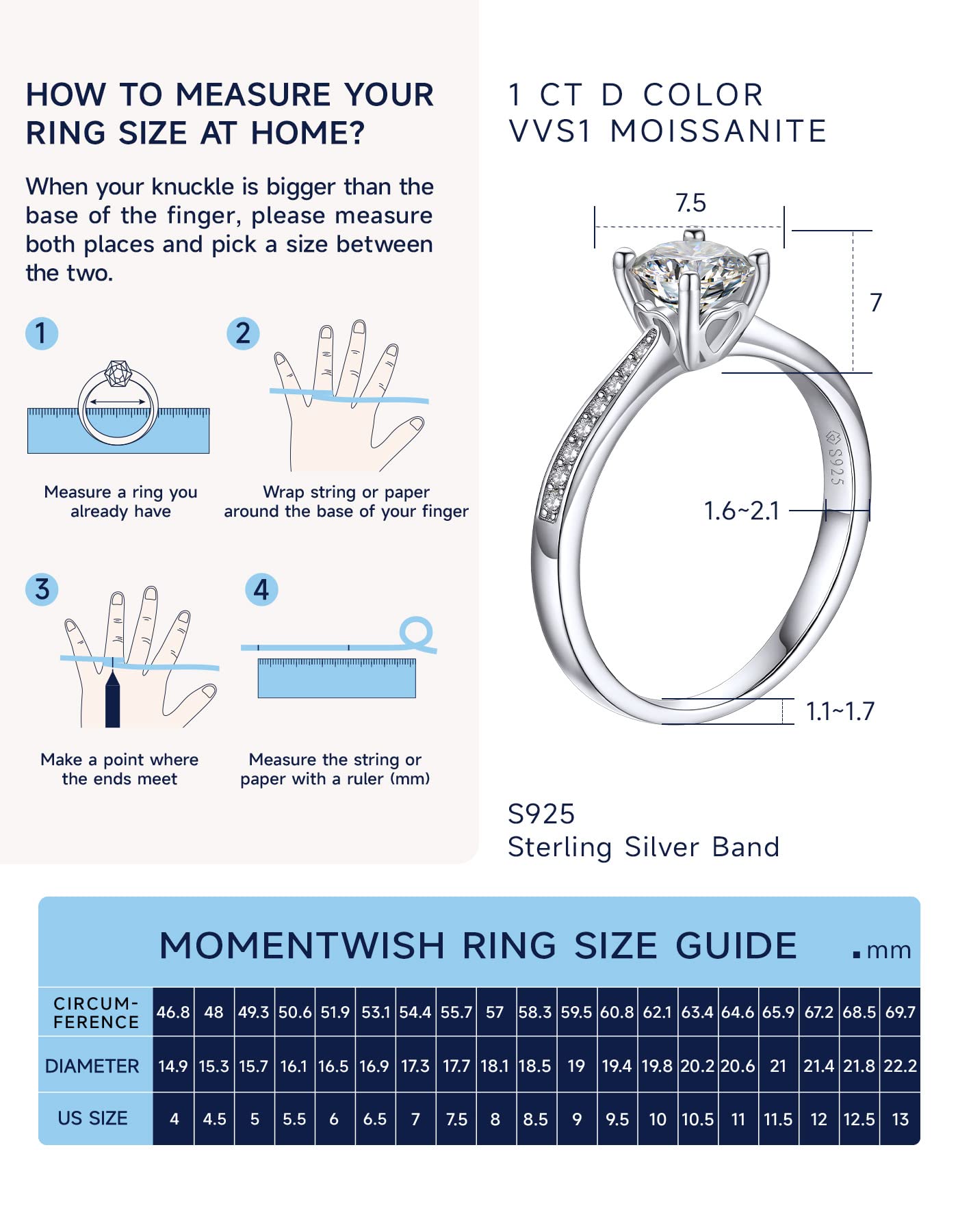 MomentWish Promise Rings for Her, 1Carat Moissanite Promise rings, D Color VVS1 Simulated Diamond 925 Sterling Silver Accent Rings-Size7