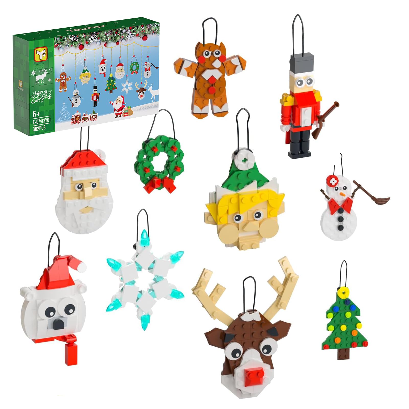 YOUFOY Christmas Ornaments Building Kits,DIY Decorative Hanging Ornaments Building Toys,Xmas Home Decorations Building Sets of 11,Best Festival Gift for Kids or Friends(382 PCS),Upgraded Version