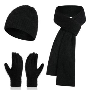 ecodudo women winter beanie hat scarf set touch screen gloves set with pom for women (black)