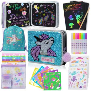 unicorn coloring sets for kids ages 4-8, great travel coloring kit or activity sets for kids ages 3-5, reusable coloring book with stickers, scratch paper, washable markers, unicorn gifts for girls