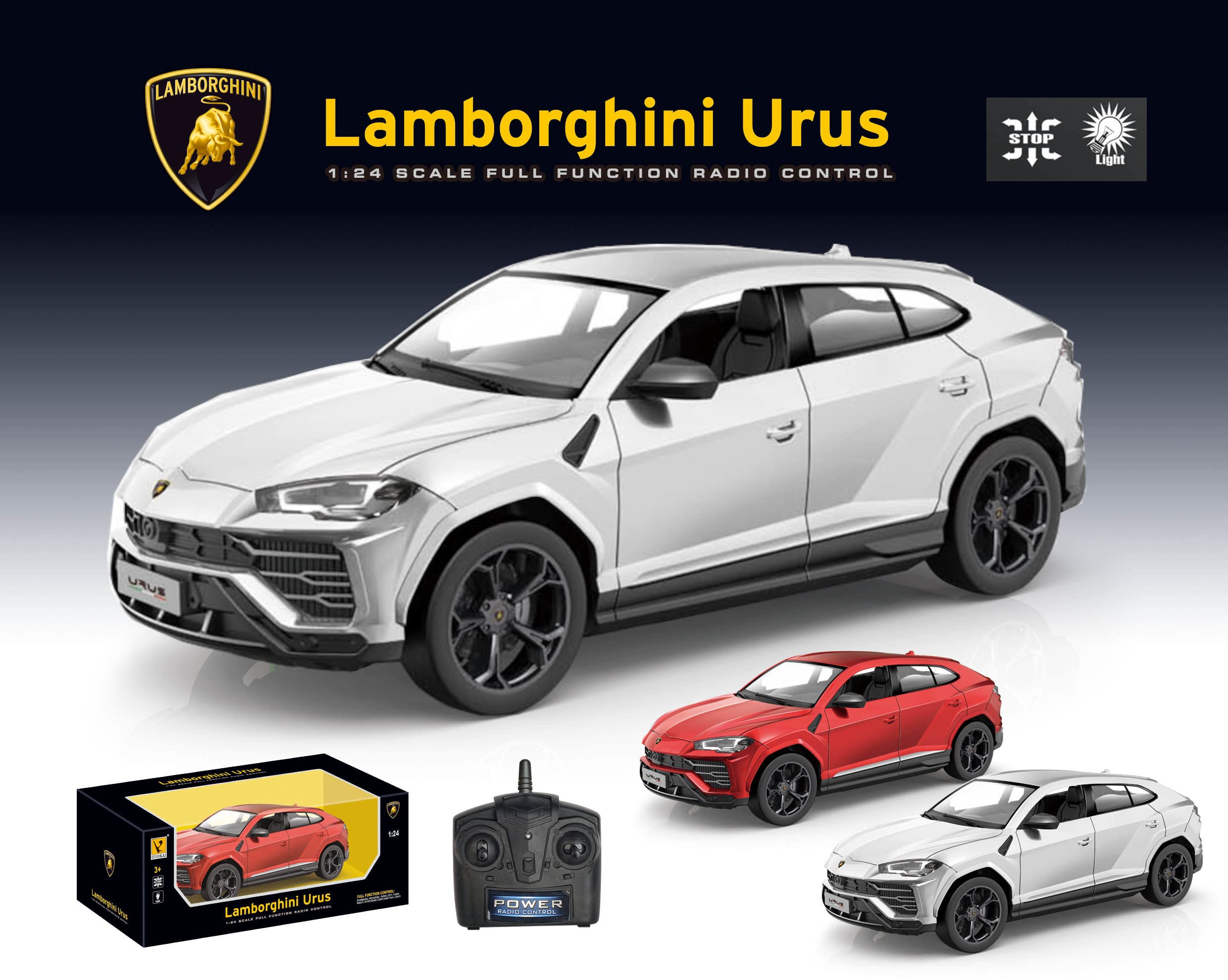 100 CLASSIC Licensed Remote Control Car Lamborghini Urus Series Compatible 1:24 Scale Full Function Electric Sport Racing Hobby Toy Car (White, 1:24)