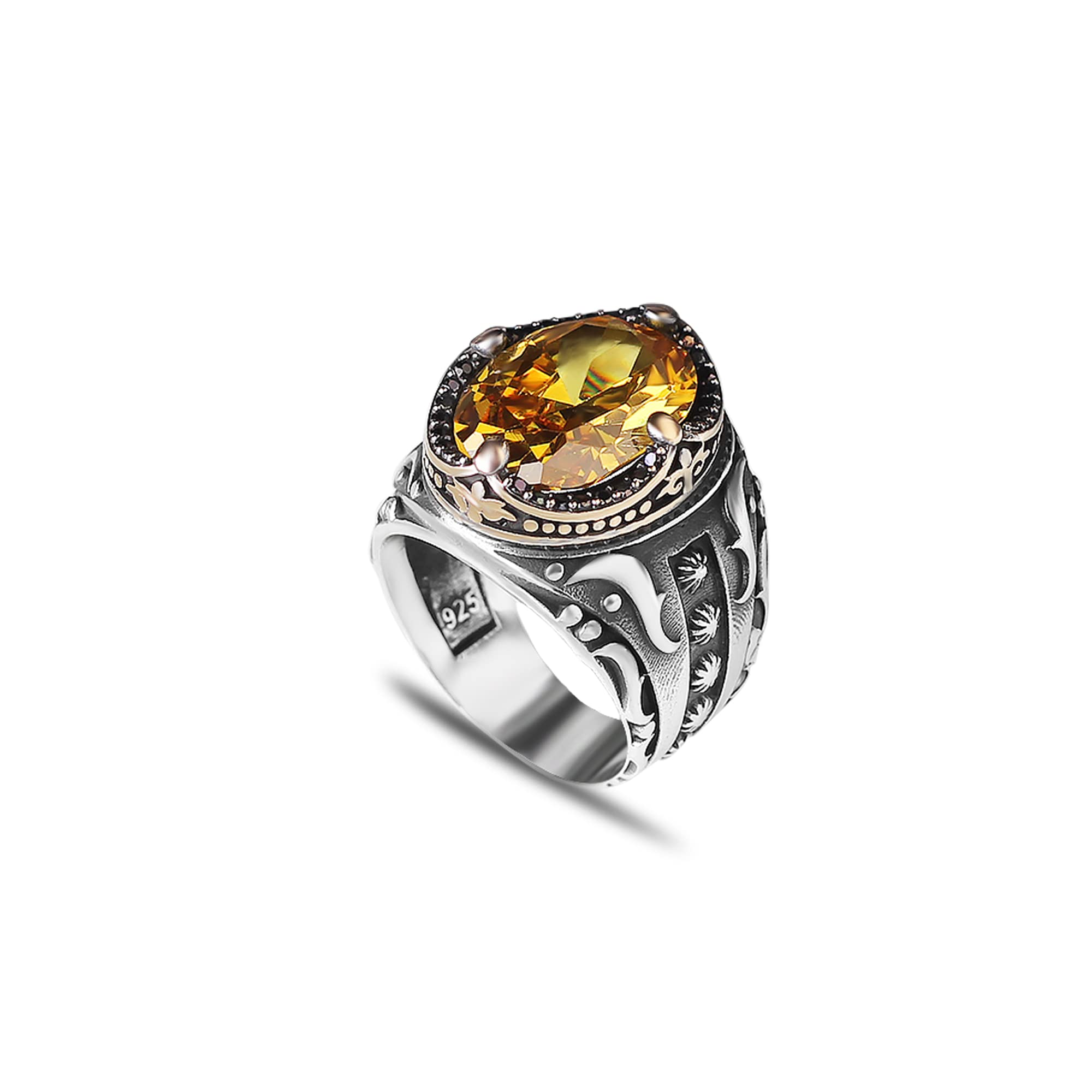 925 Sterling Silver Citrine Stone Men Silver Ring, Citrine Stone Men's Ring, Handmade Engraved Men's Silver Ring, Turkish Silver Ring