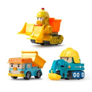 robocar poli, 3 pack die-cast metal toy cars, construction team vehicle playset, dump + excavator + bulldozer, truck toys party birthday gifts for toddlers age 1-5 boys girls