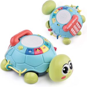 boxgear musical turtle toy - baby crawling toys for babies 18+ months - learning with sound, music, lights, phone, letters, numbers - for motor skills, cognitive development, hand-eye coordination