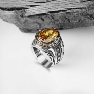 925 Sterling Silver Citrine Stone Men Silver Ring, Citrine Stone Men's Ring, Handmade Engraved Men's Silver Ring, Turkish Silver Ring