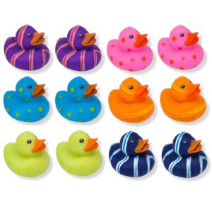 cool rubber ducks (2") standard size. (12 pack) cute duck bath tub pool toys. (multi-color pattern rubber squicky duckies)