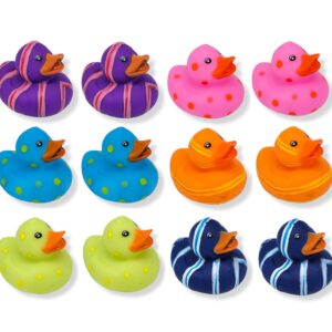 Cool Rubber Ducks (2") Standard Size. (12 Pack) Cute Duck Bath Tub Pool Toys. (Multi-Color Pattern Rubber Squicky Duckies)