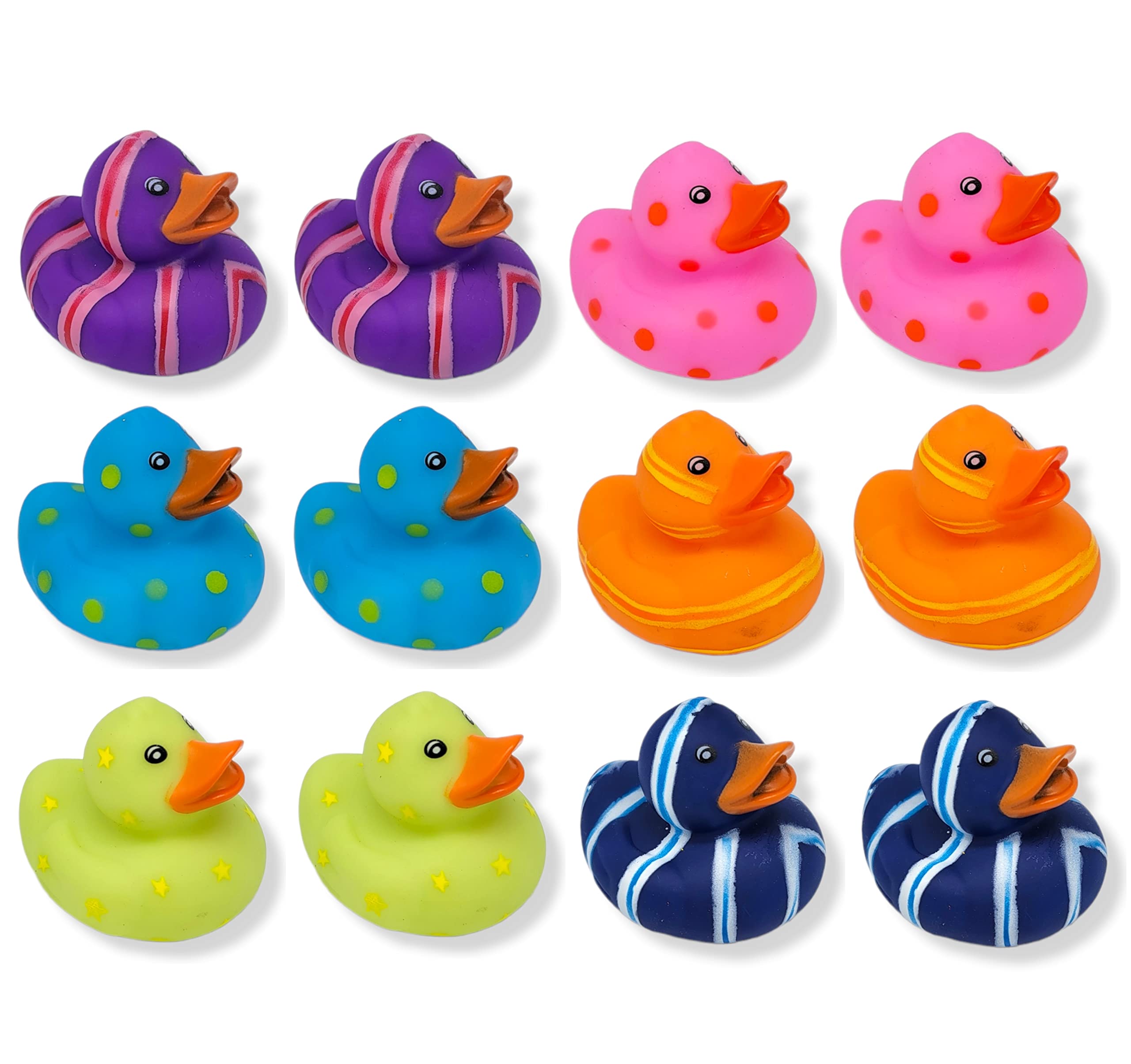 Cool Rubber Ducks (2") Standard Size. (12 Pack) Cute Duck Bath Tub Pool Toys. (Multi-Color Pattern Rubber Squicky Duckies)