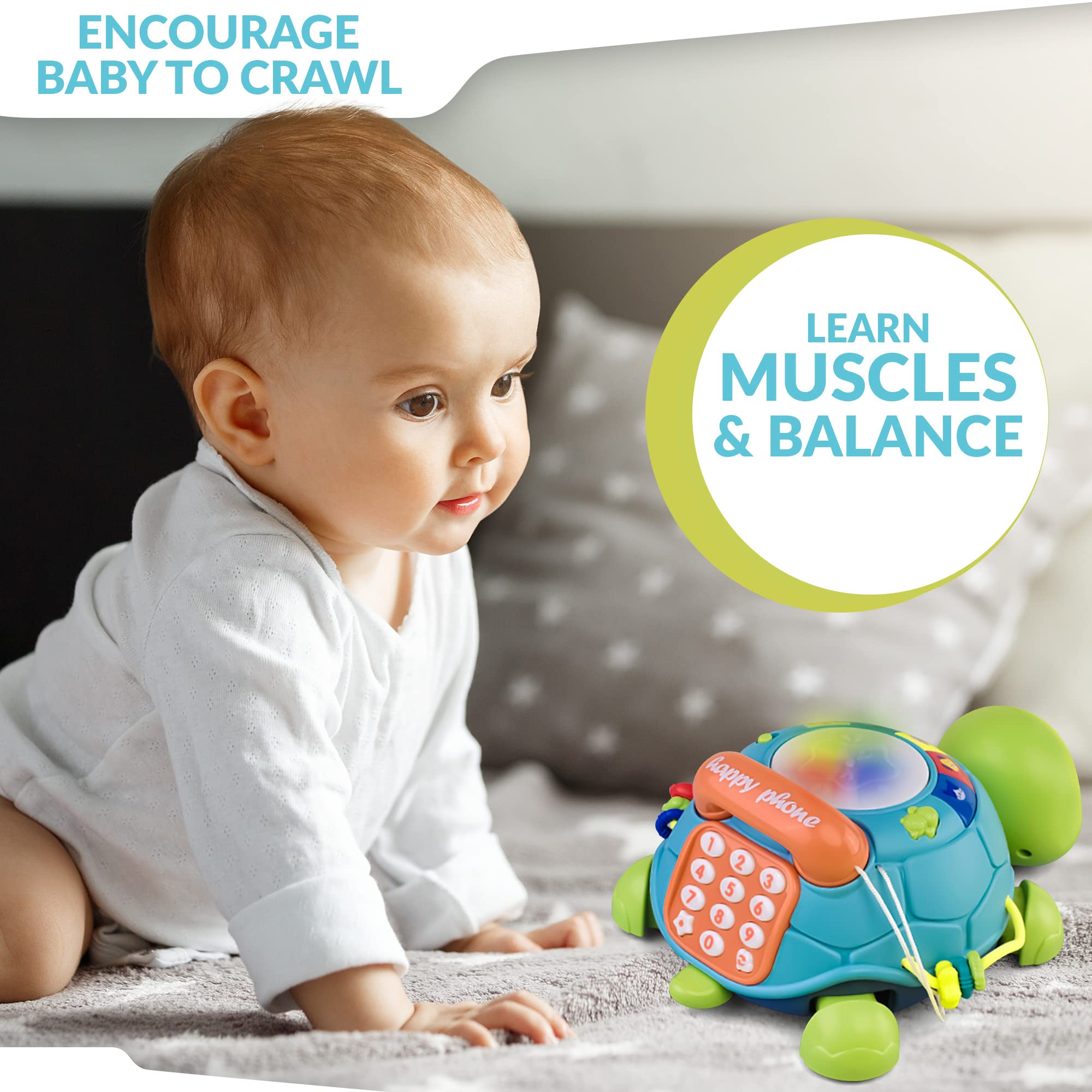 Boxgear Musical Turtle Toy - Baby Crawling Toys for Babies 18+ Months - Learning with Sound, Music, Lights, Phone, Letters, Numbers - for Motor Skills, Cognitive Development, Hand-Eye Coordination