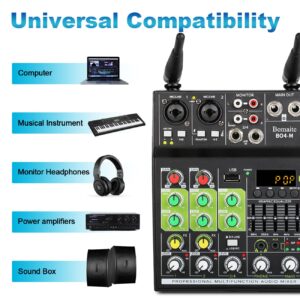 Bomaite BO4-M Portable Karaoke Microphone Mixer System Set, 4 Channel Mixer With Dual Wireless Mic, MP3 Bluetooth USB Interface in singing for Smart TV, PC, KTV, Home Theater, Amplifier, Speaker