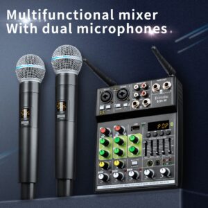 Bomaite BO4-M Portable Karaoke Microphone Mixer System Set, 4 Channel Mixer With Dual Wireless Mic, MP3 Bluetooth USB Interface in singing for Smart TV, PC, KTV, Home Theater, Amplifier, Speaker