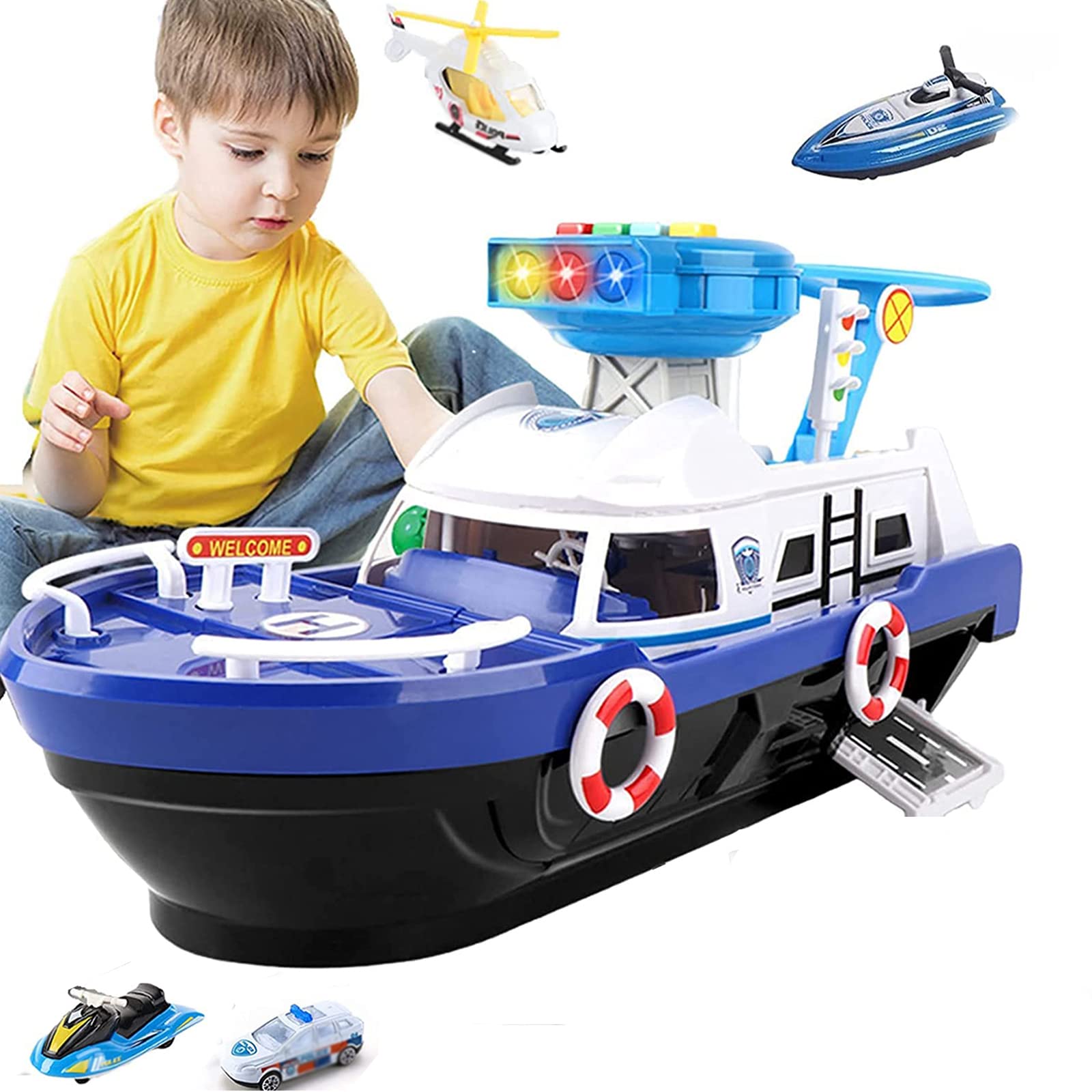 Ship Toy Set Boat Toys with Police Car and Mini Helicopter with Sound and Light Airplane Toys for Kids 4 5 6 Year (Blue)