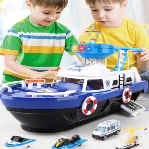 Ship Toy Set Boat Toys with Police Car and Mini Helicopter with Sound and Light Airplane Toys for Kids 4 5 6 Year (Blue)