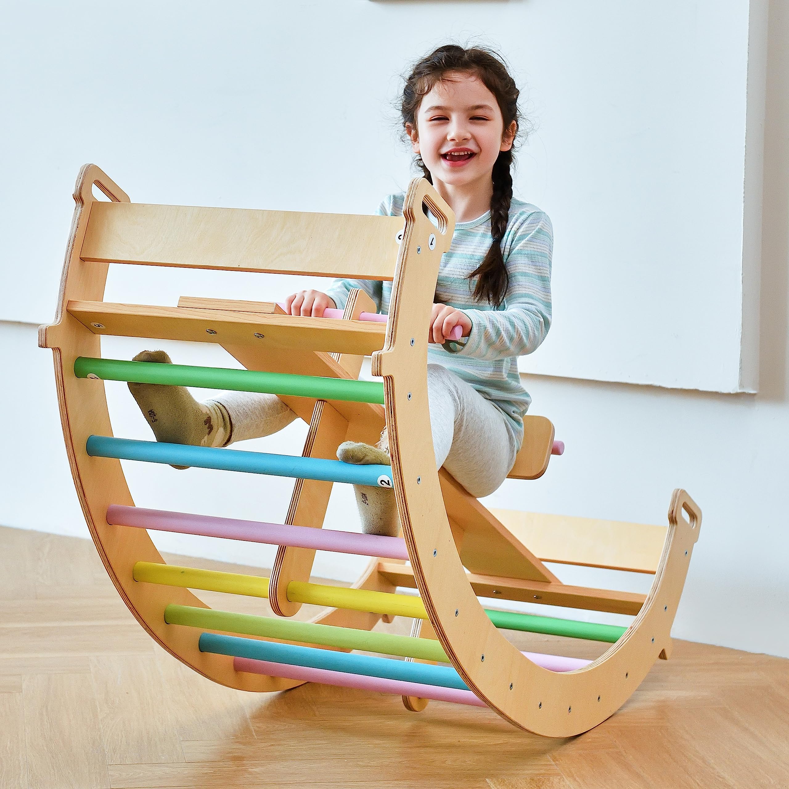 Avenlur Bailis Ultimate 3-in-1 Playset for Kids - Seesaw, Climbing Arch and Rocker - Waldorf and Montessori Climbing Toy for Children 2-6 Years - Toddler Climbing Toys