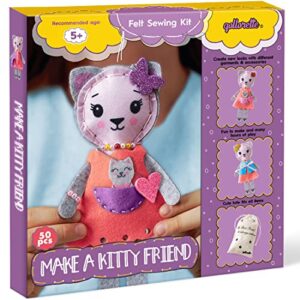 qollorette felt craft kit - make your own kitty toy and friend - beginner sewing kit for kids, learn to sew & play