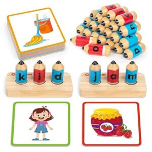 coogam wooden short vowel spelling games, learn to spell cvc sight words educational flashcards fine motor montessori alphabet toy gift for kids 3 4 5 years old