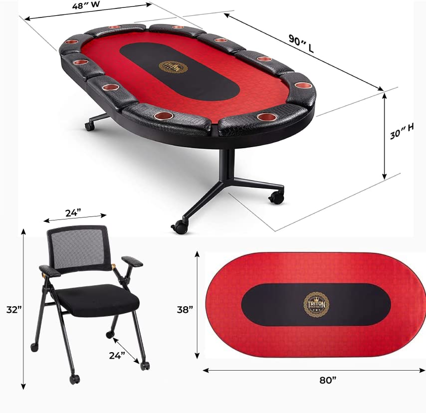 Triton Premium Poker Table for 10 Players with 10 Chairs and Additional Mat - Foldable and Long-Lasting Poker Table and Chairs, Luxurious Vegas Style Casino Experience at Home