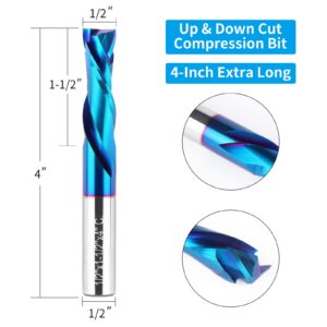 EANOSIC Spiral Router Bits Up Down Compression Bit 1/2 inch Cutting Diameter with Nano Blue Coated, 1/2 inch Shank Solid Carbide CNC End Mill for Wood Carving Engraver Milling Cutters (Extra Long 4”)