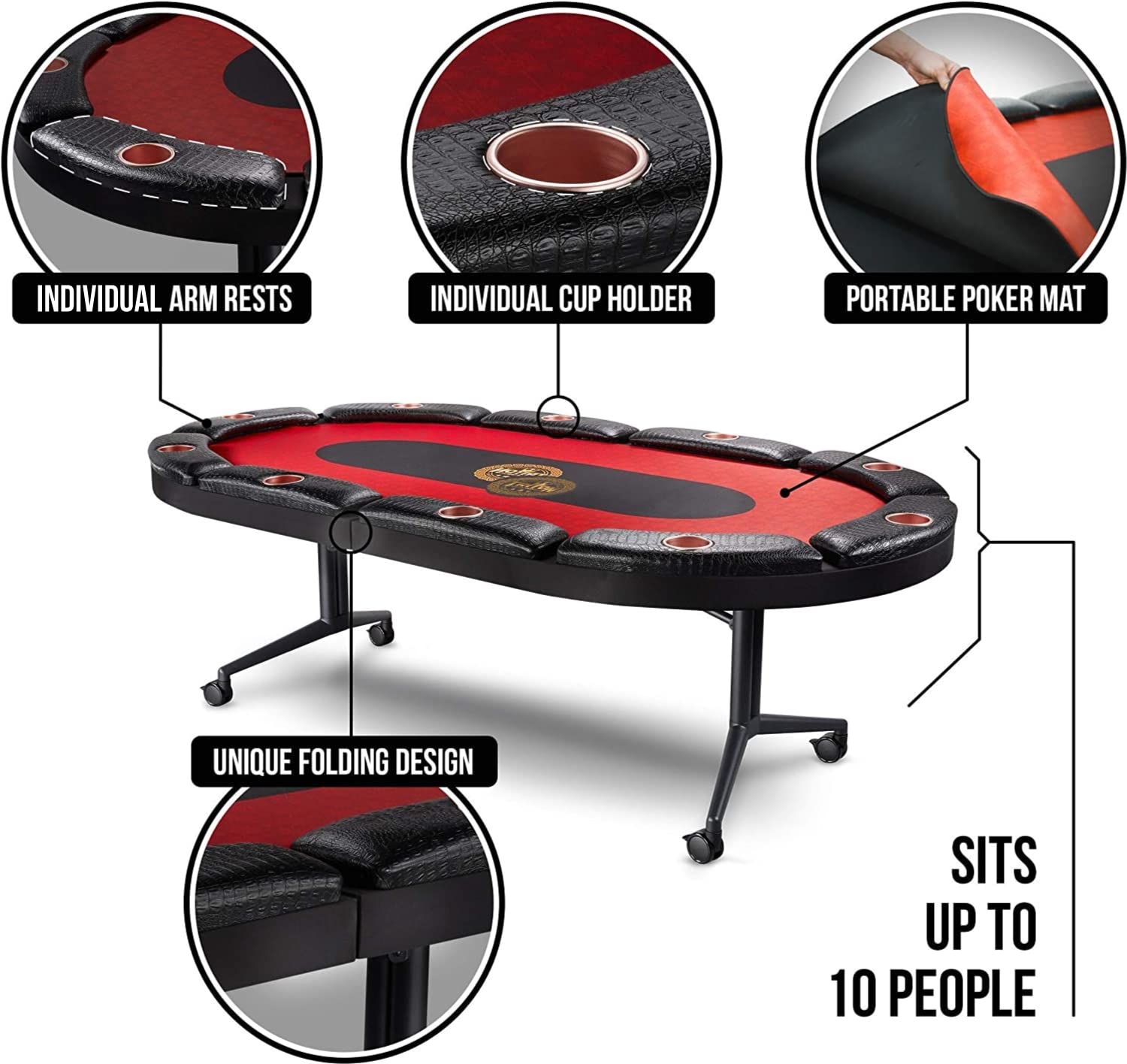 Triton Premium Poker Table for 10 Players with 10 Chairs and Additional Mat - Foldable and Long-Lasting Poker Table and Chairs, Luxurious Vegas Style Casino Experience at Home