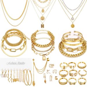 congying 34 pcs gold color jewelry set with 3 pcs necklace, 10 pcs bracelet, 12pcs ear cuffs earring, 9 pcs knuckle rings for women valentine anniversary