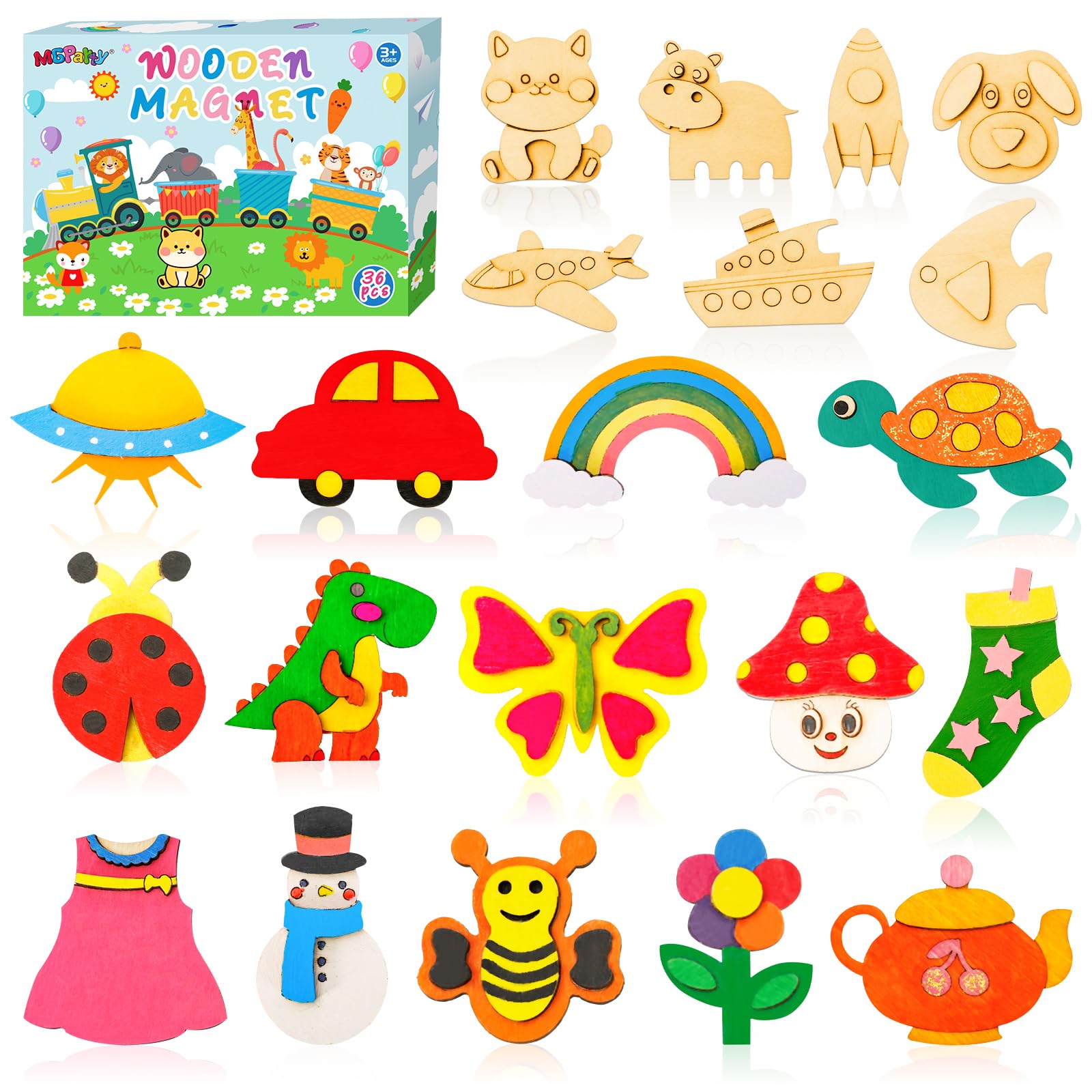 MGparty 36pcs DIY Wooden Magnets Painting Craft Kit, Wooden Art Craft Bulk Toys for Kids Age 3,4,5,6,7,8-12, Party Favors Decorate Your Own Painting Birthday Gifts for Boys Girls