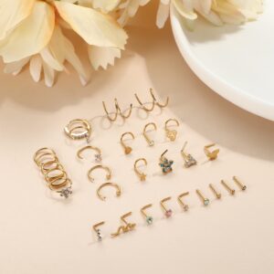 Florideco 28Pcs 20G Nose Rings Hoops Nose Rings Studs for Women Men Stainless Steel L Shaped Screw Nose Rings Gold Nostril Nose Piercing Jewelry G