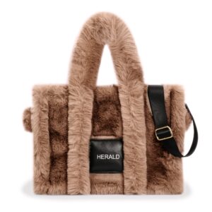 herald large tote bags for women soft winter fluffy fuzzy furry plush top handle purse and handbag with shoulder strap (khaki)