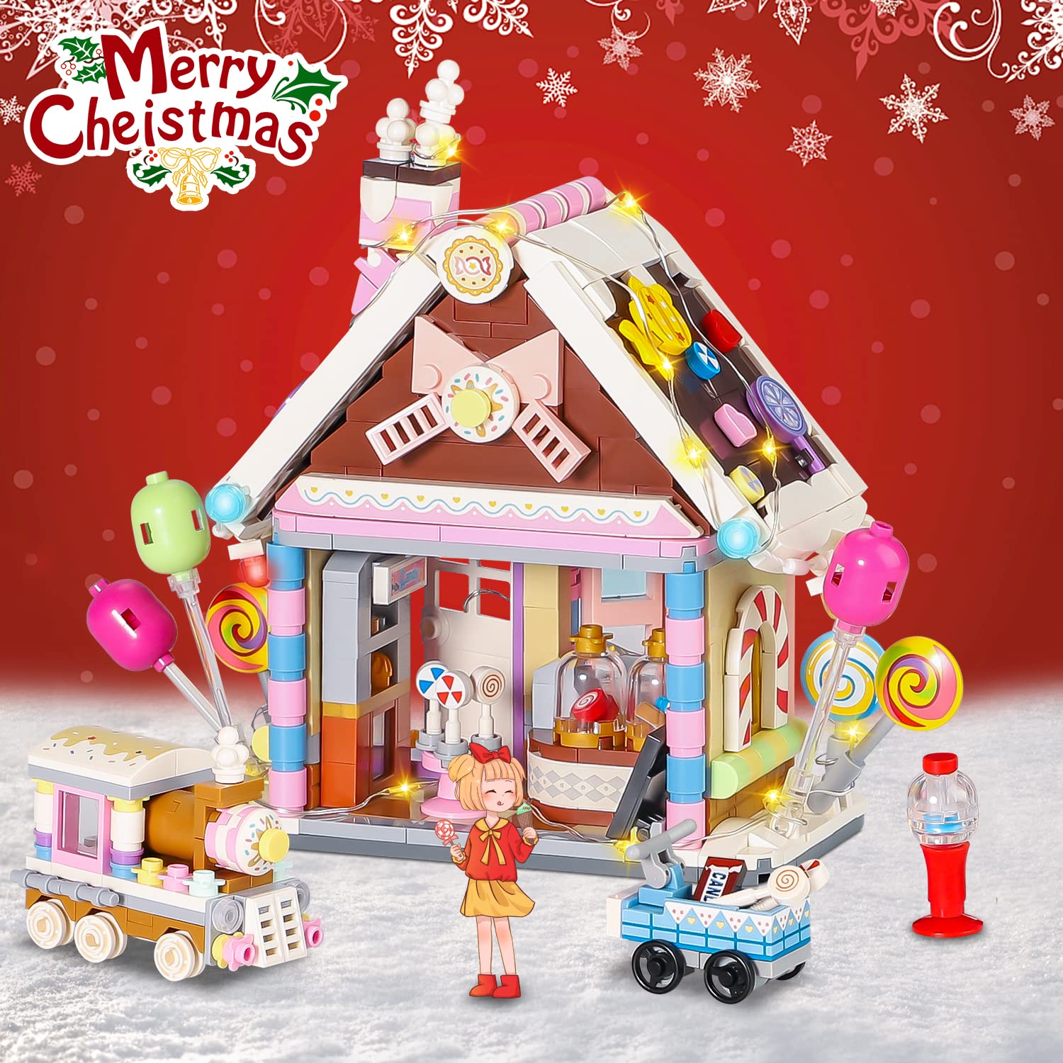 PinkBee Christmas Gingerbread House 2022 Mini Candy Store Building Block Set with Ice Cream Truck Creative Xmas Ornament Toys Kits Micro Bricks for Adults Kids 8-12 6-12 7-9（781Pcs）