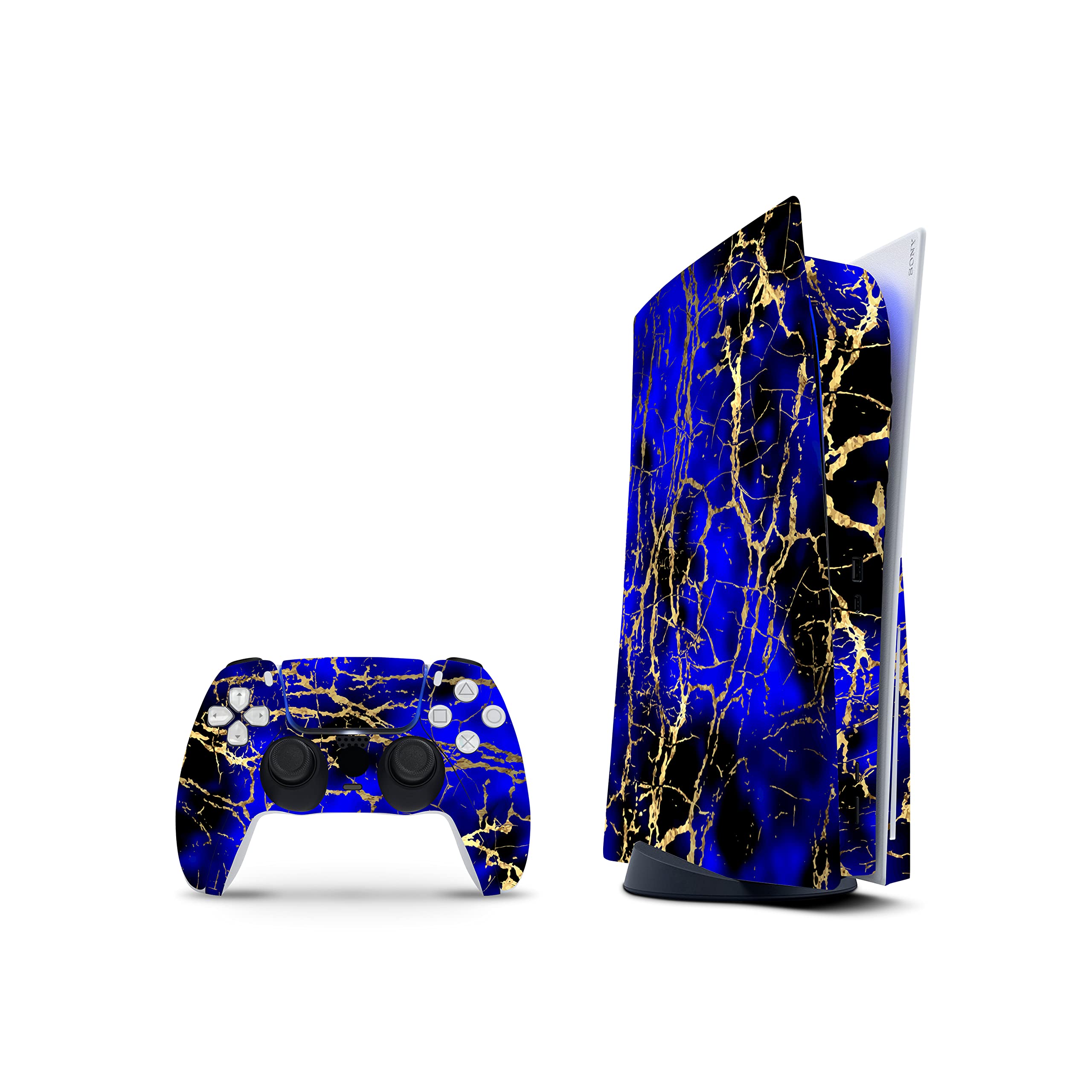 ZOOMHITSKINS Compatible with PS5 Skin, Cobalt Golden Dark Blue Black Pattern, Durable, Bubble-free, W/Disk Version, Precisely Cut