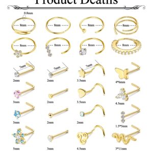 Florideco 28Pcs 20G Nose Rings Hoops Nose Rings Studs for Women Men Stainless Steel L Shaped Screw Nose Rings Gold Nostril Nose Piercing Jewelry G